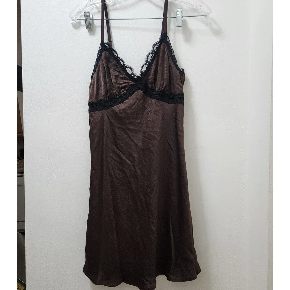 wild fable | Dresses | Chocolate Brown Satin Babydoll Lace Trim Slip ...